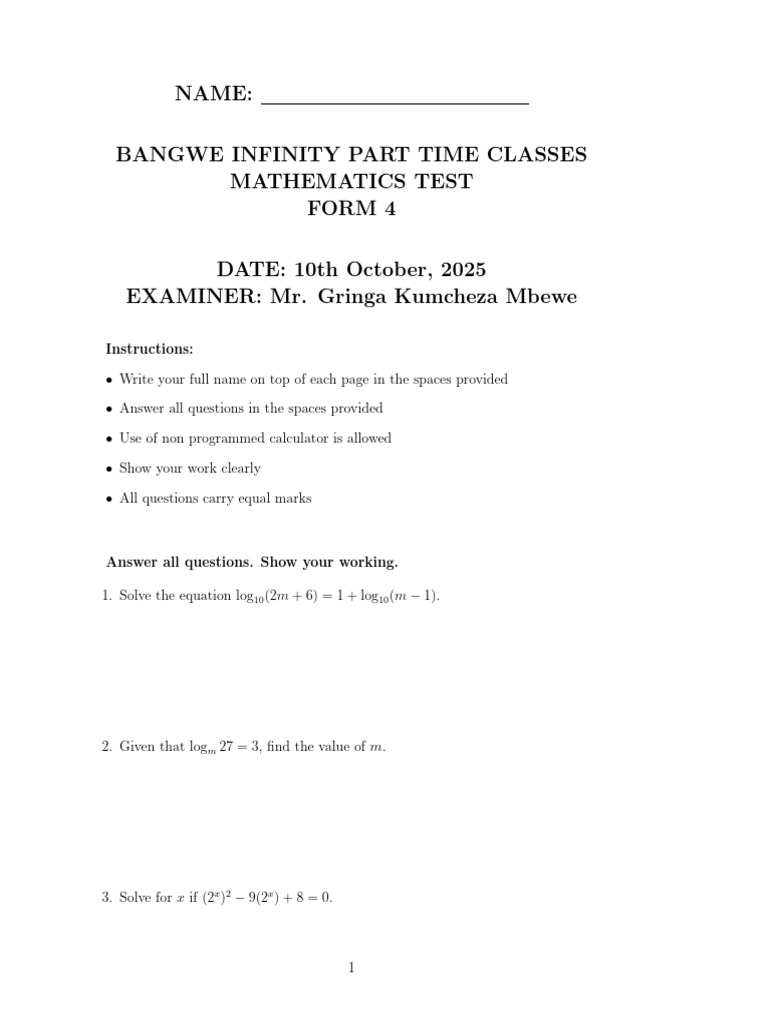 Form 4 Mathematics Test - Bangwe Infinity | PDF