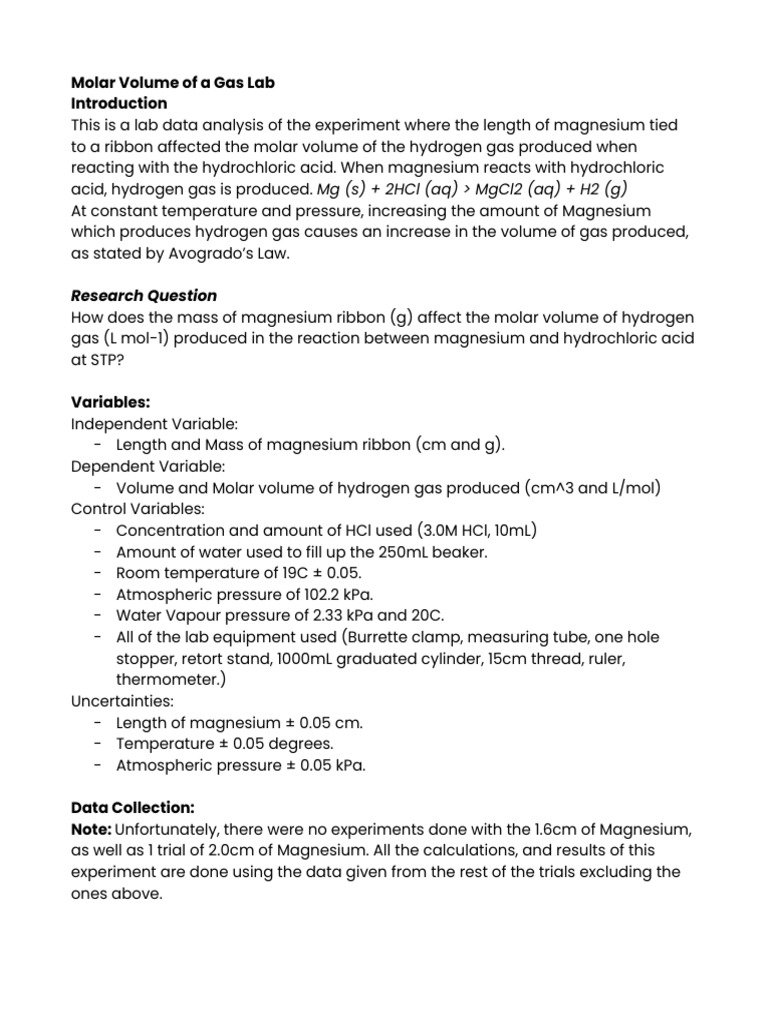 Molar Volume of A Gas Lab | PDF | Mole (Unit) | Gases