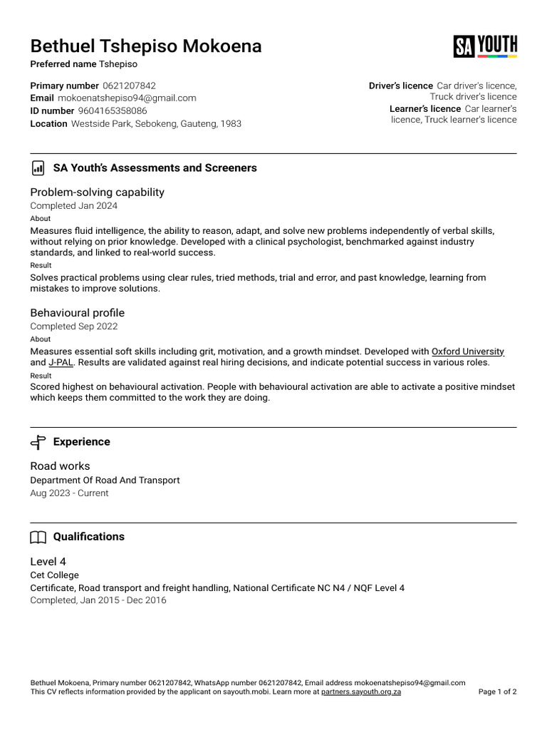 Bethuel Tshepiso Mokoena CV | PDF