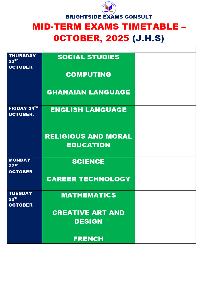 J.H.S Mid-Term Exam Timetable 2025 | PDF
