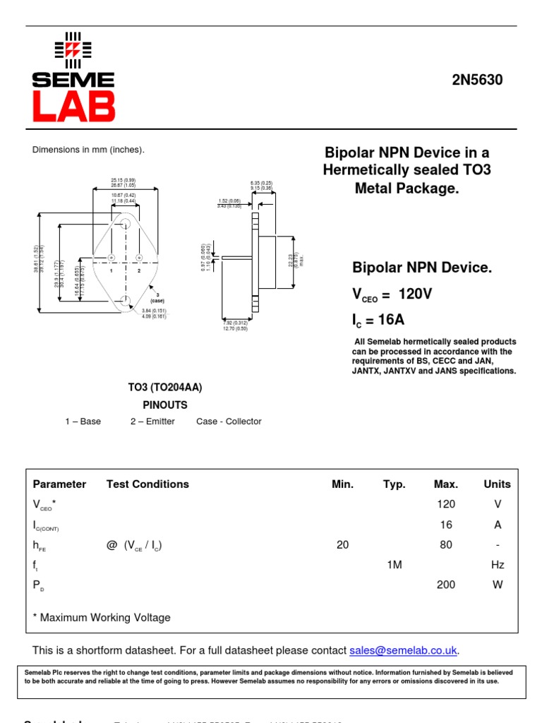 TO3 Transistor Pinout and Dimensions | PDF | Technology & Engineering