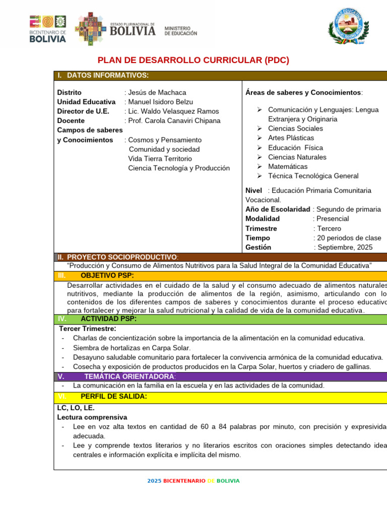 PDC - Se Septiembre - Segundo de Primaria | PDF | Comunicación | Bolivia