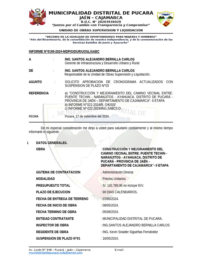 Informe N°0189-2024 - Solicito Aprobacion de Cronograma Actualizados ...