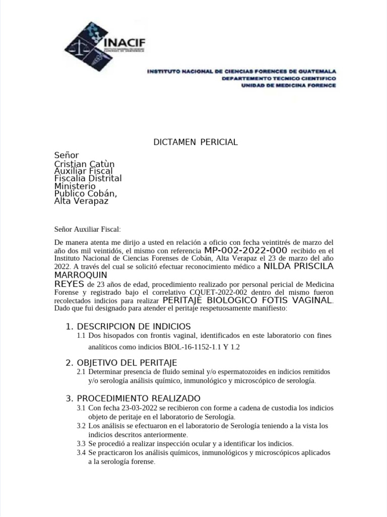 Peritaje Biológico: Fluido Seminal Detectado | PDF | Semen | Tinción