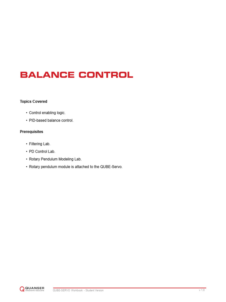 QUBE-Servo Balance Control Workbook (Student) | PDF | Pendulum | Angle