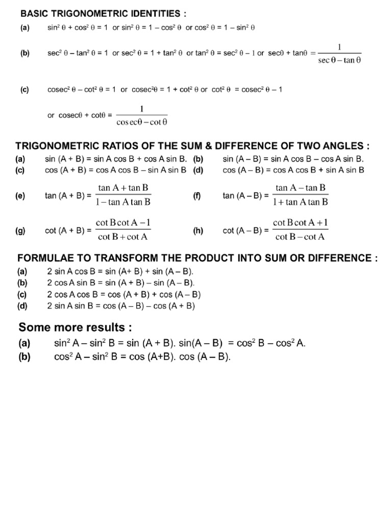 Trignometric Ratios and Identities Formulae's | PDF