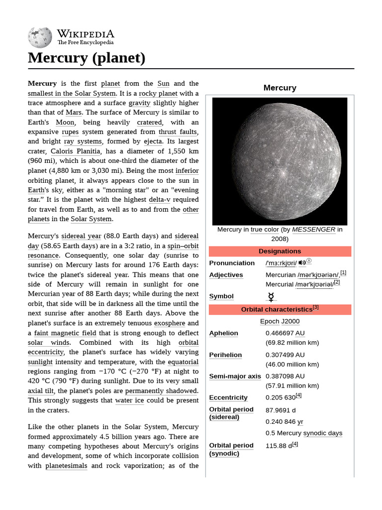 Mercury: Characteristics and Orbit | PDF | Mercury (Planet) | Planetary ...