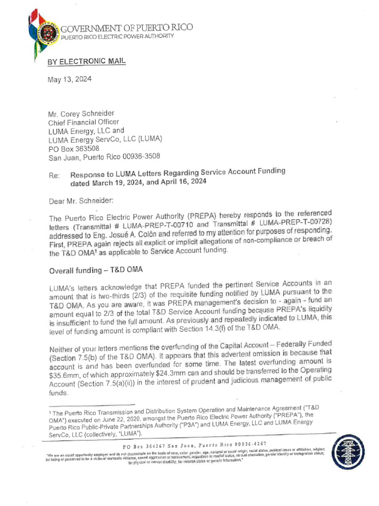 IV Letter May 13 2024 Response To LUMA Regarding Serv Acct Funding | PDF