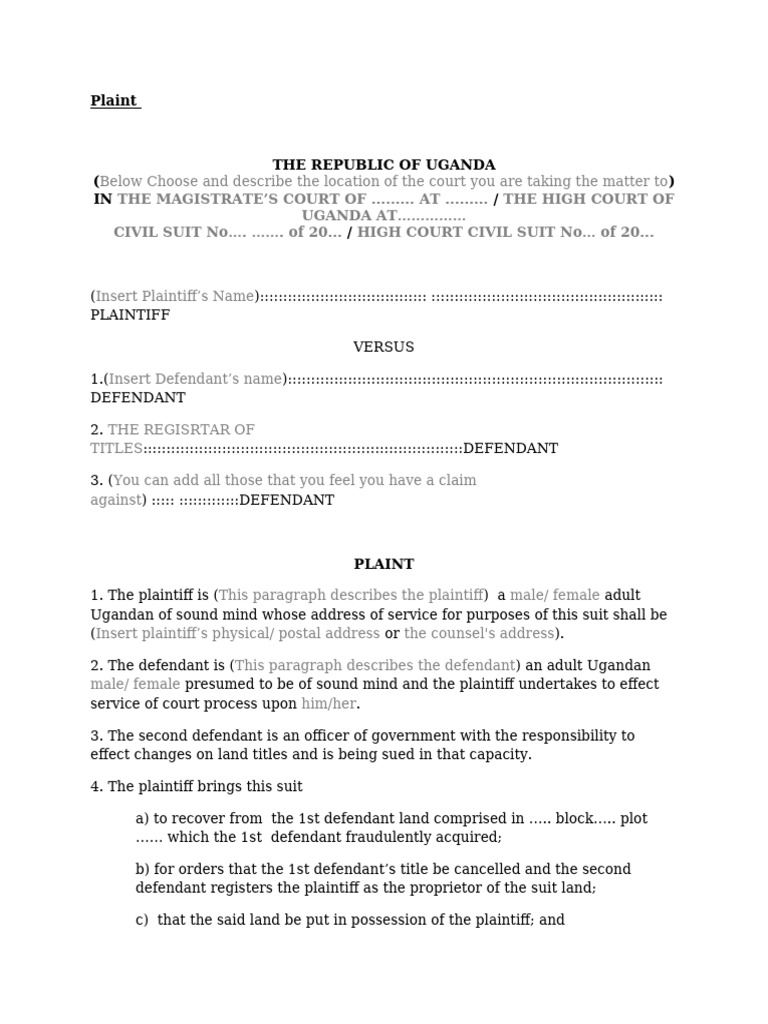 Uganda Land Fraud Plaint | PDF | Lawsuit | Common Law