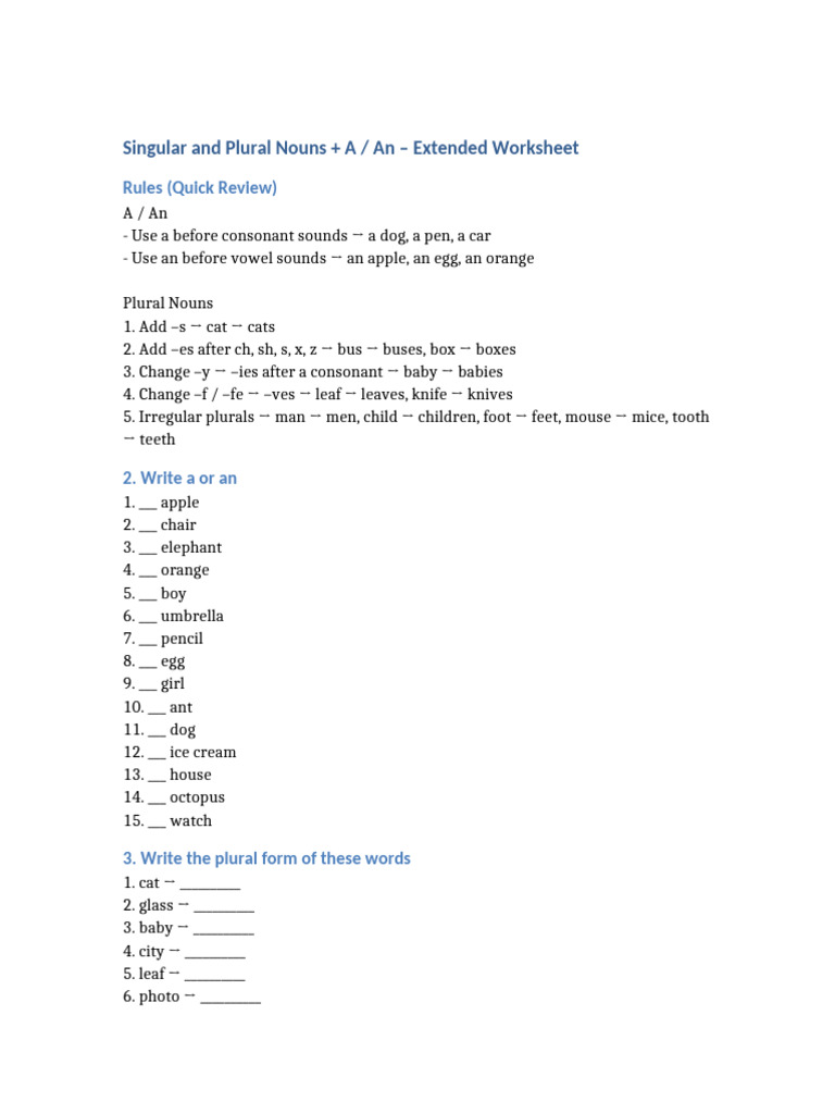 Singular & Plural Nouns Worksheet | PDF | Plural | Linguistics