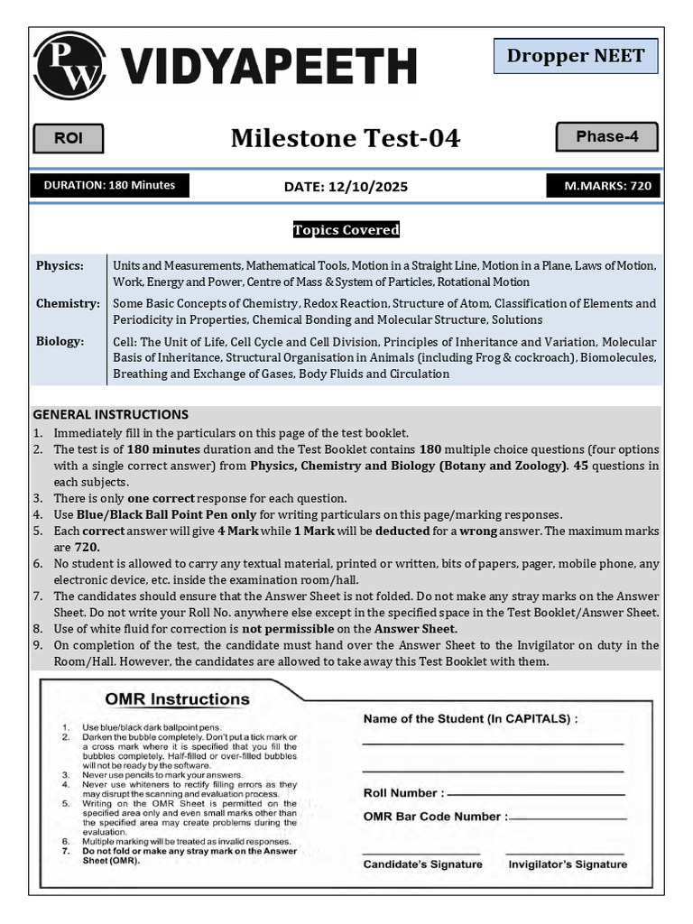 NEET Phase-4 Milestone Test Guide | PDF | Force | Physical Phenomena