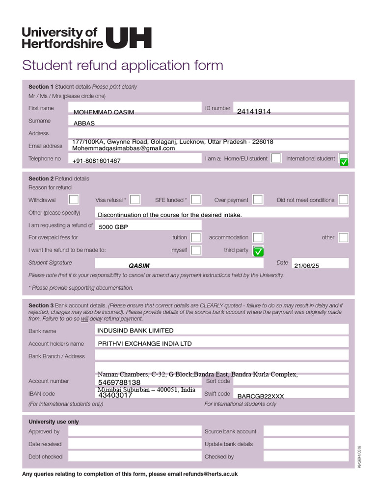UEL Refund Application Form | PDF