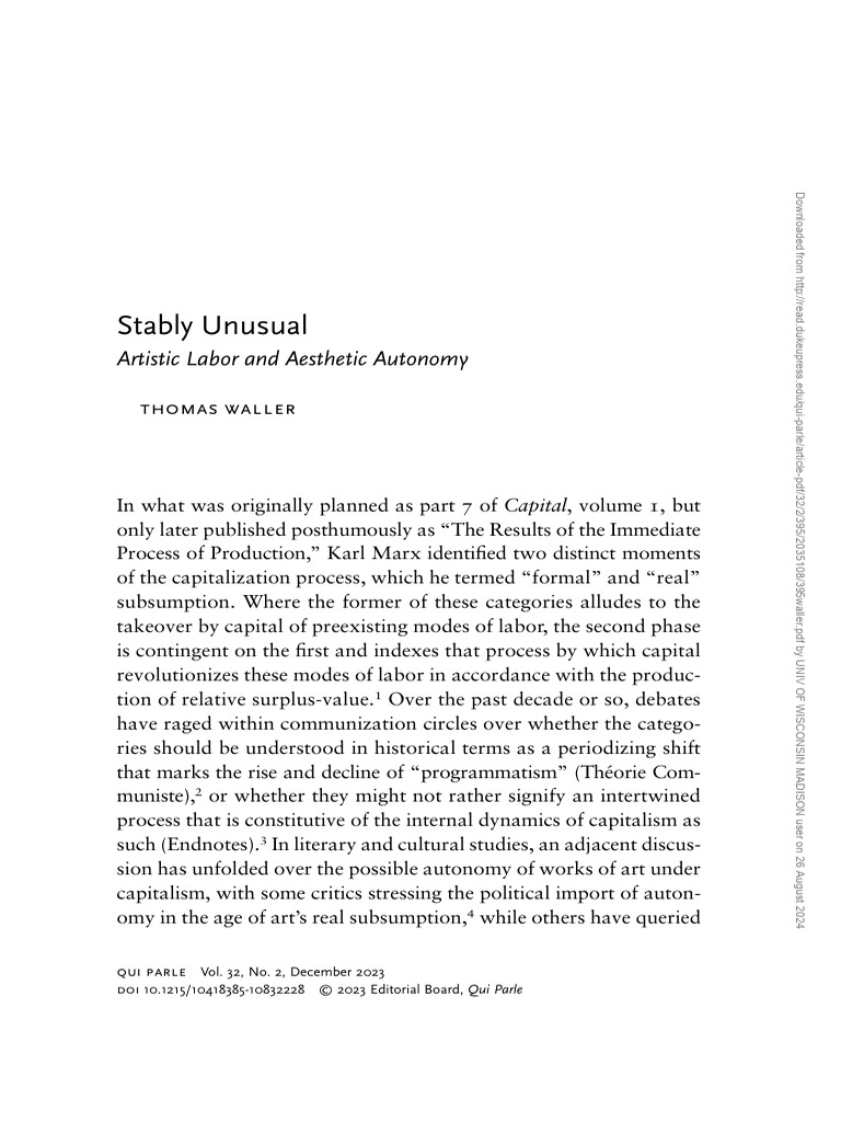 Thomas Waller, Stably Unusual: Artistic Labor and Aesthetic Autonomy ...