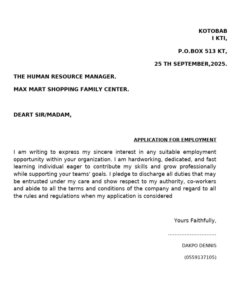 Job Application Letter for Max Mart | PDF