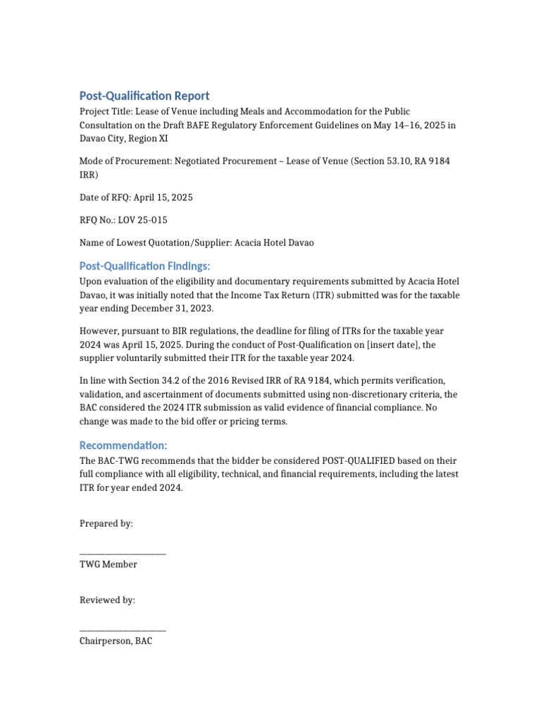 Post Qualification Report BAFE | PDF
