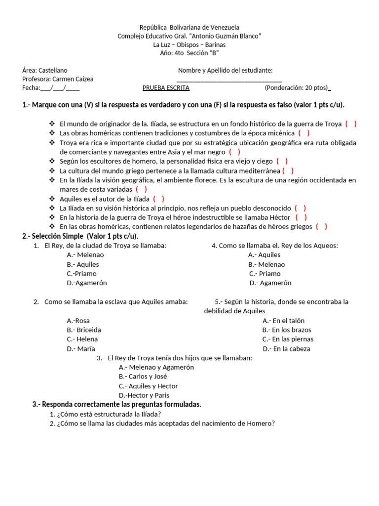 Prueba de Castellano sobre la Ilíada | PDF | Ilíada | Aquiles