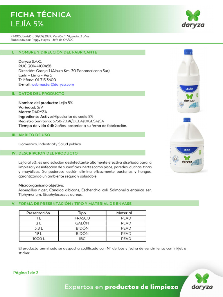 Ficha Técnica Lejia 5% Daryza | PDF