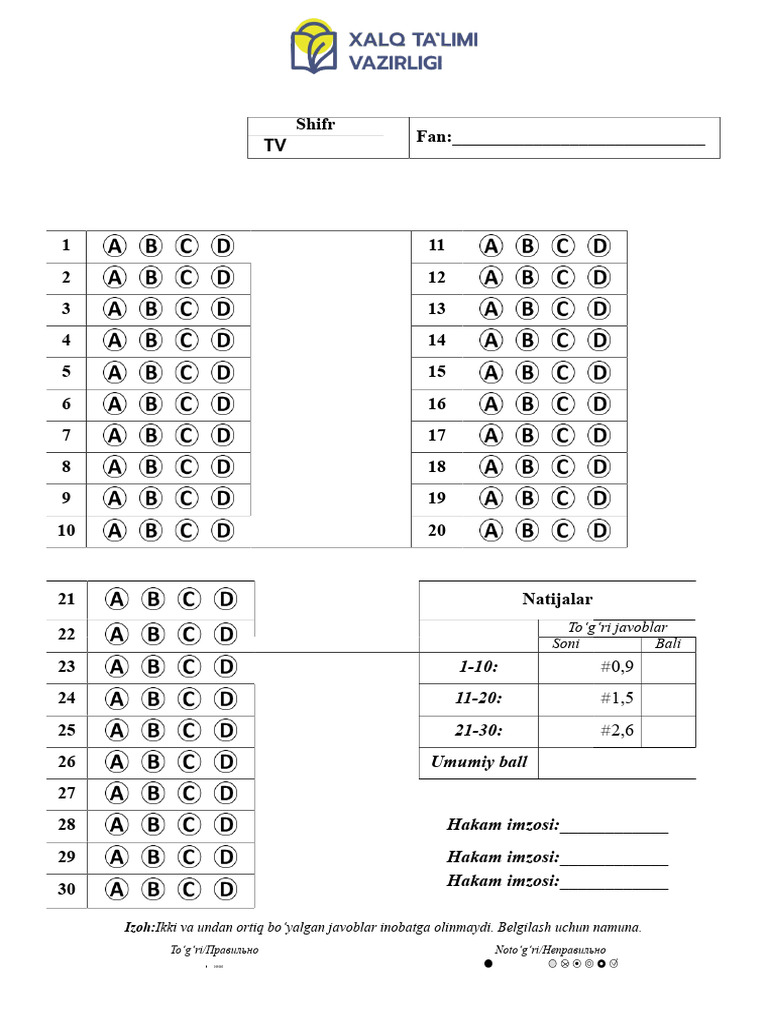 Javoblar Varaqasi | PDF
