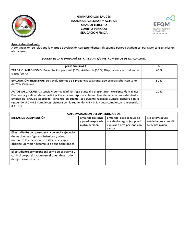 Evaluación Educación Física Tercer Grado | PDF