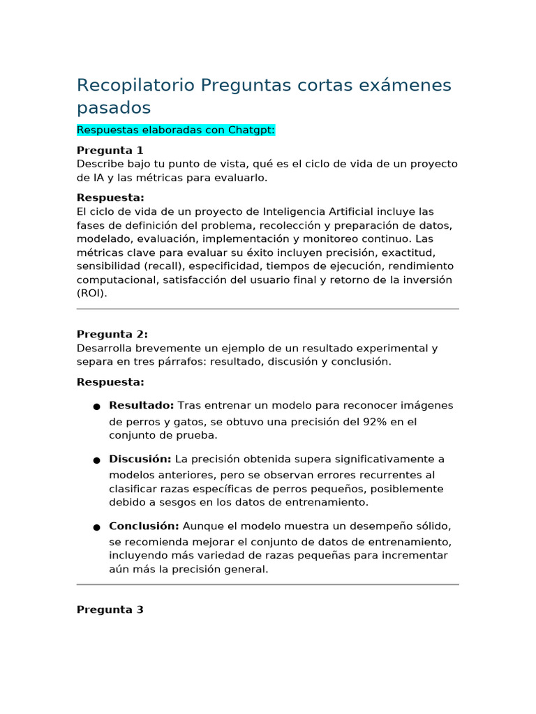 Preguntas y Respuestas sobre IA y Proyectos | PDF | Inteligencia ...