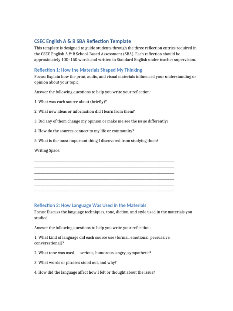 CSEC English SBA Reflection Template | PDF | English Language | Learning