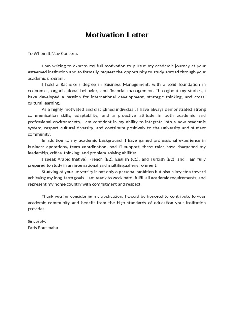 Motivational Letter for Study Abroad | PDF