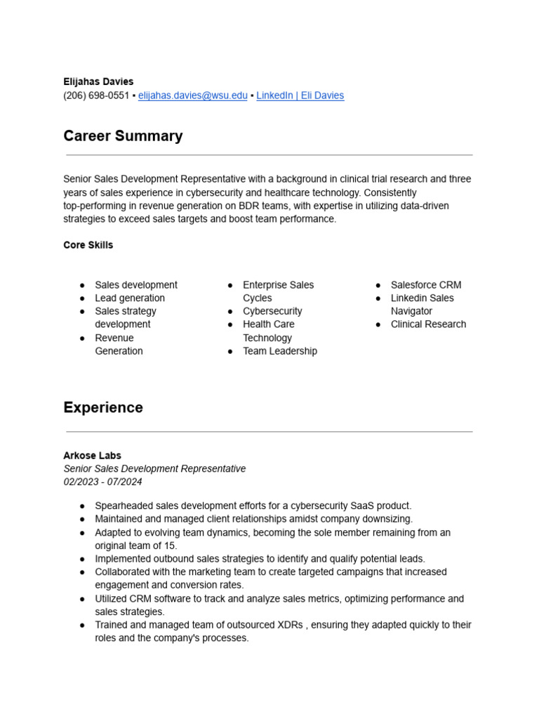 Senior Sales Development Representative Profile | PDF | Clinical Trial ...