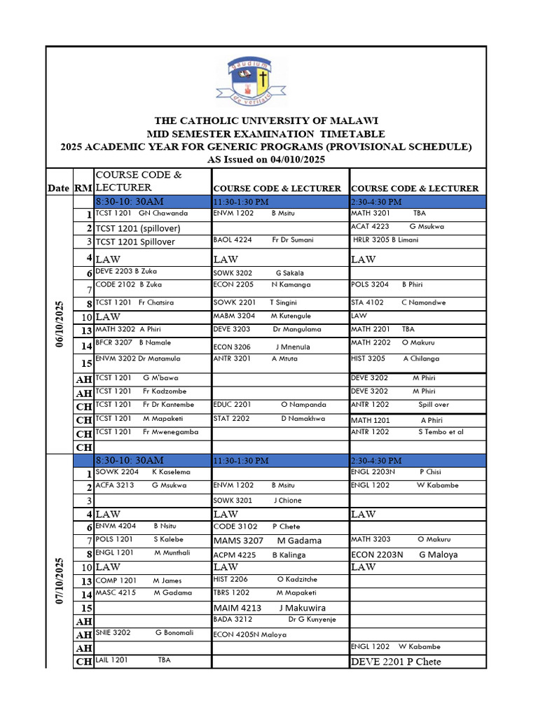2025 Midsemester Examination Timetable For Generic Programs Final Version | PDF