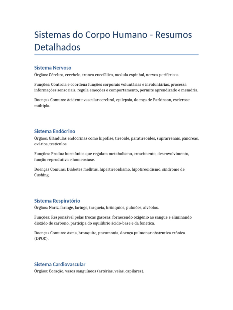 Resumo dos Sistemas do Corpo Humano | PDF | Corpo humano | Anatomia