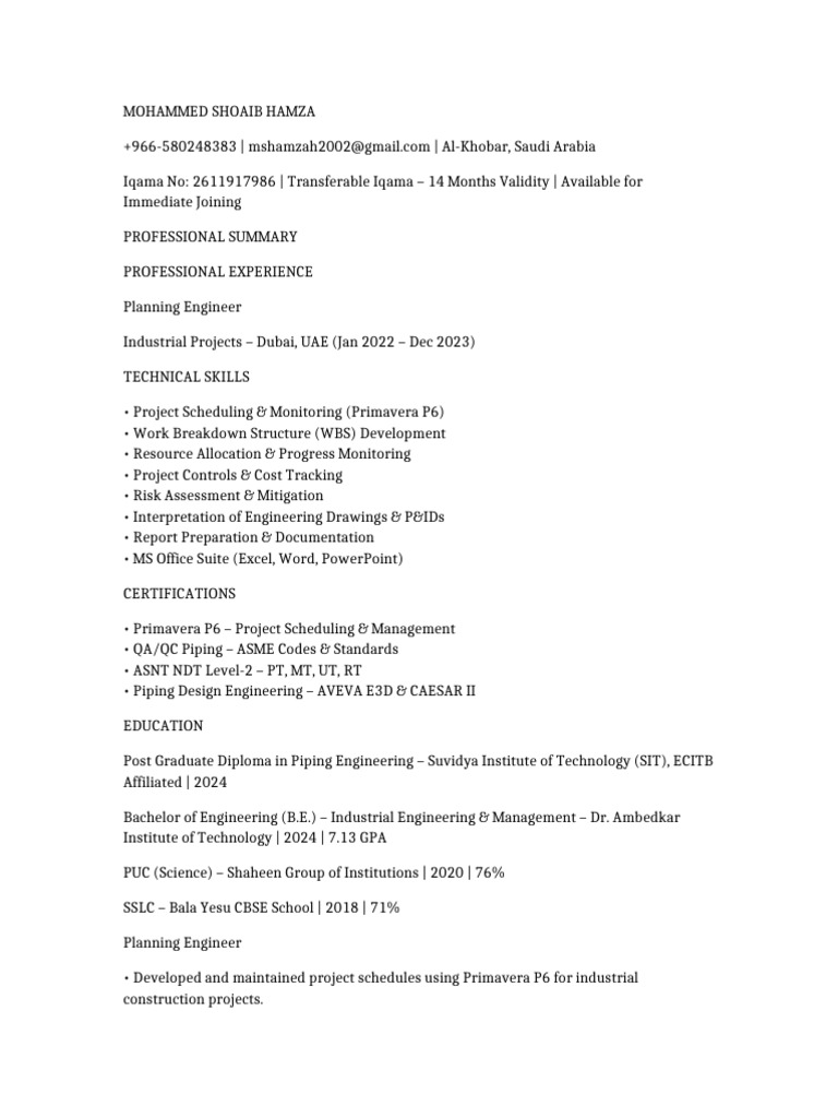 Planning Engineer Resume - Mohammed Shoaib Hamza | PDF