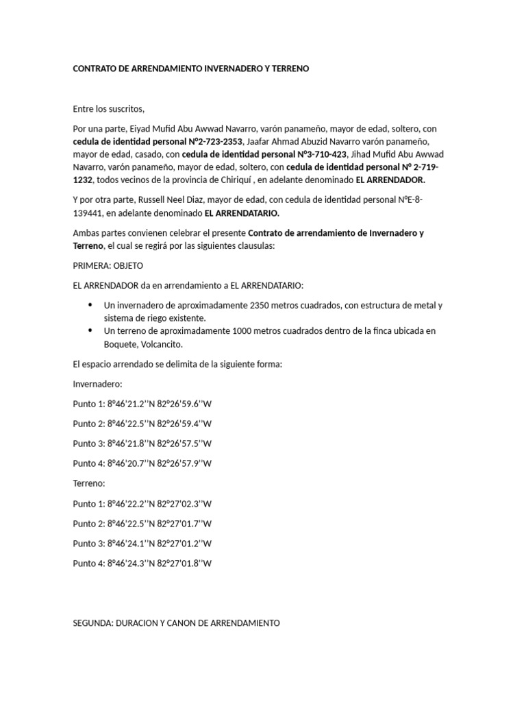 Contrato de Arrendamiento Invernadero y Terreno Eiyad | PDF