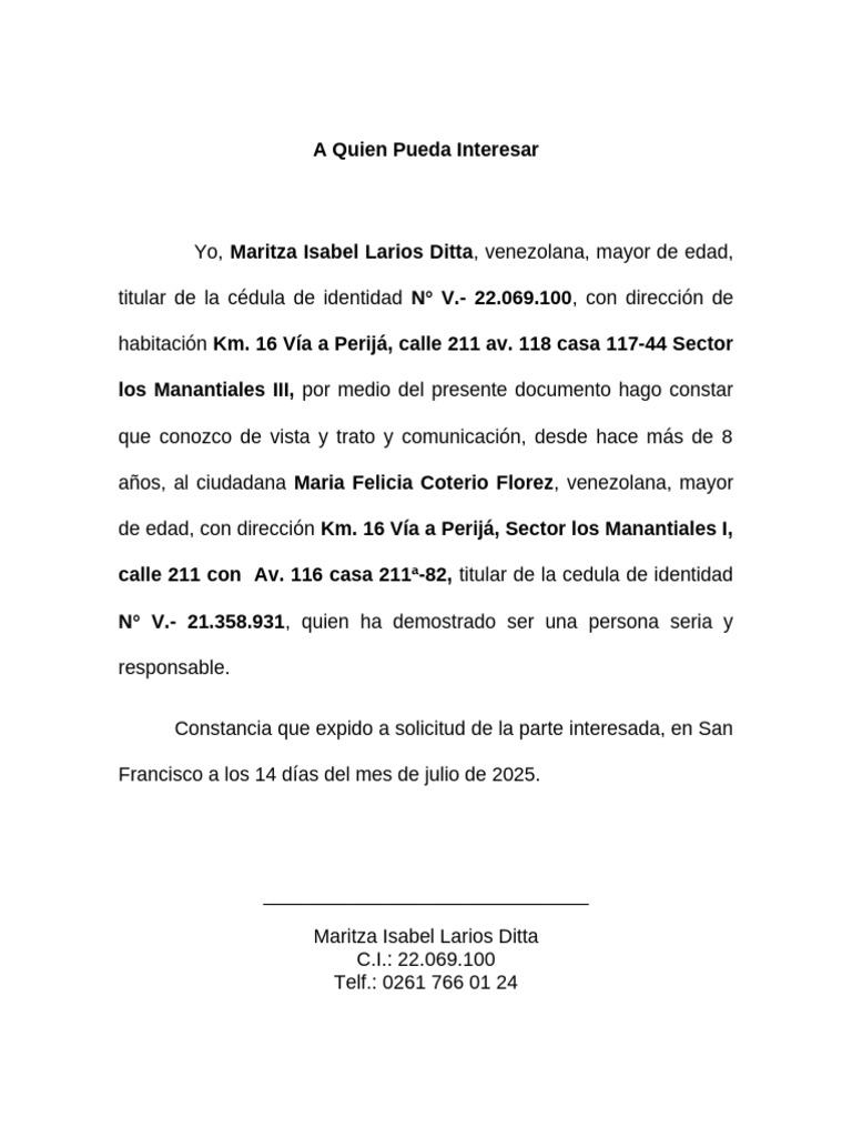 A Quien Pueda Interesa Maritza | PDF