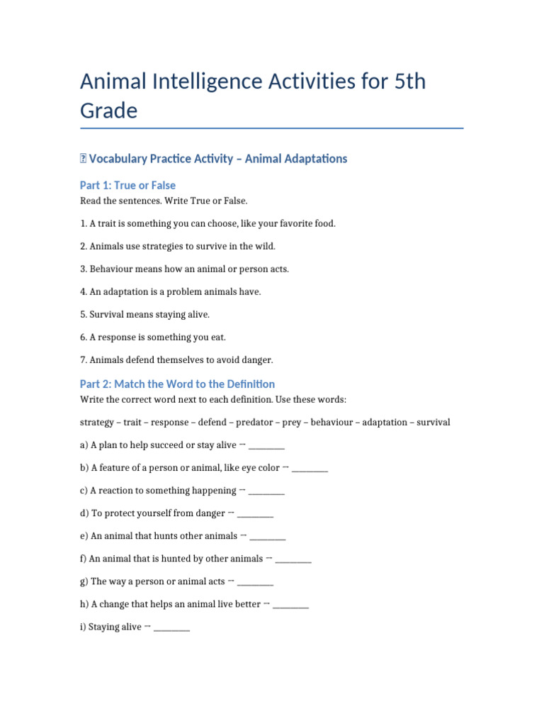 Animal Intelligence Activities | PDF | Adaptation | Zoology