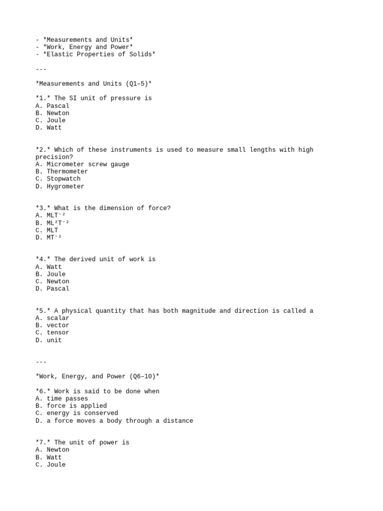 Physics Quiz: Measurements & Properties | PDF