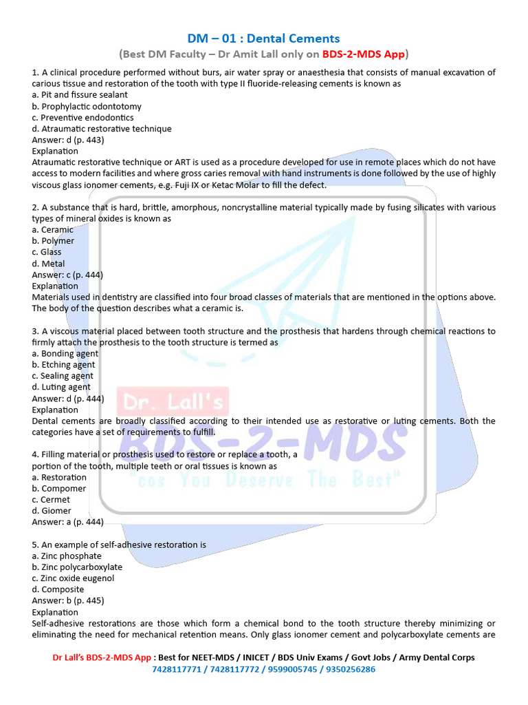 Dental Cements Overview and Applications | PDF | Dental Material ...