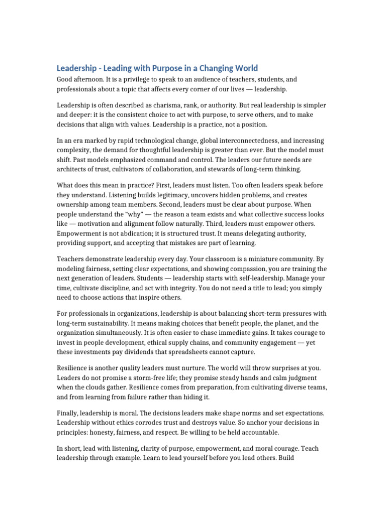 Leadership - Leading With Purpose in A Changing World | PDF ...
