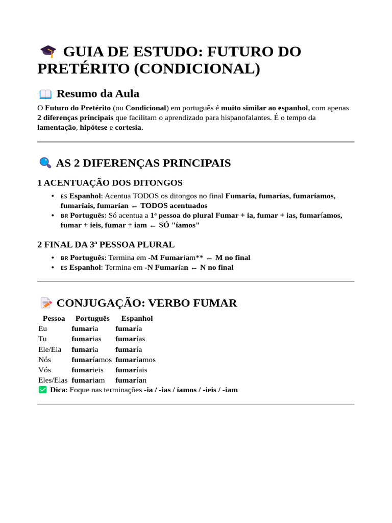 Guia de Estudo Futuro Do Pretérito (Condicional) | PDF | Espanhol (idioma) | Estresse (Linguística)