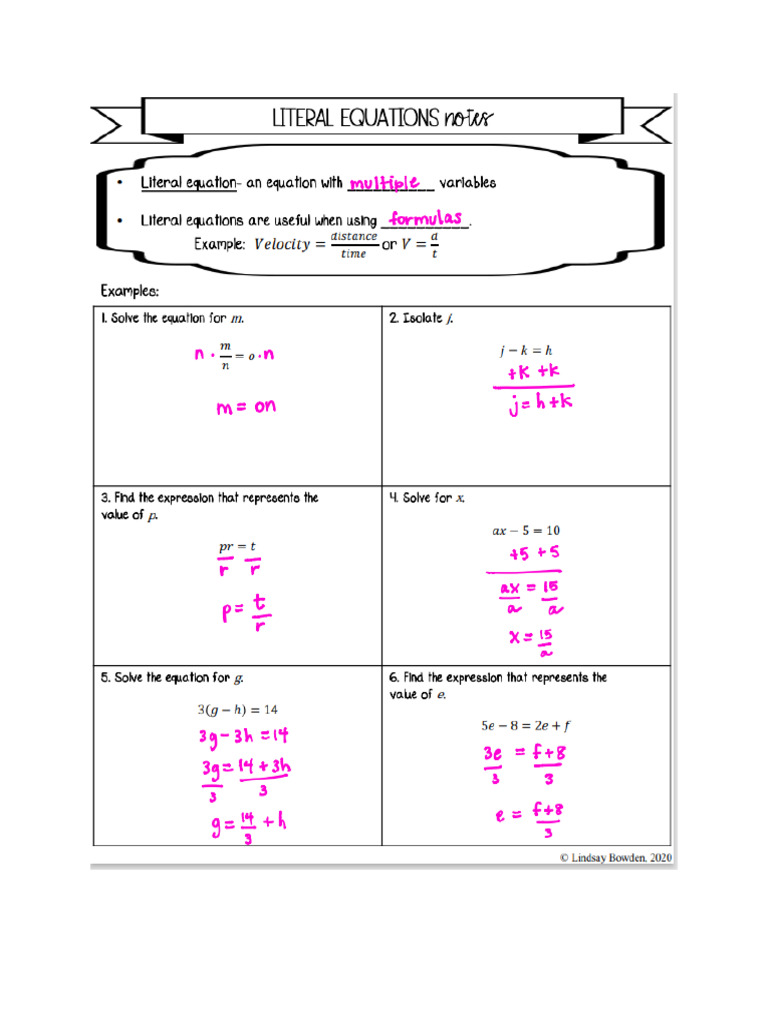 Literal Equations Notes KEY | PDF