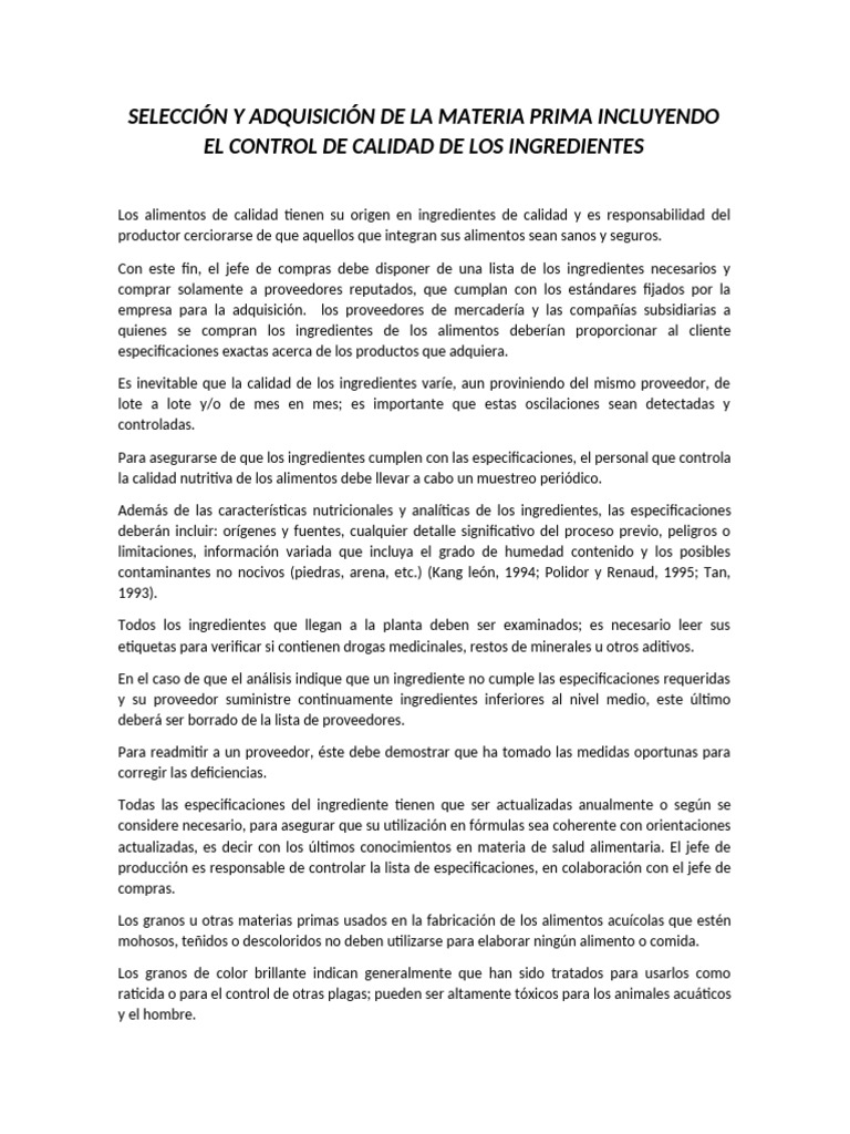 Especificaciones de Materia Prima | PDF | Alimentos | Acuicultura