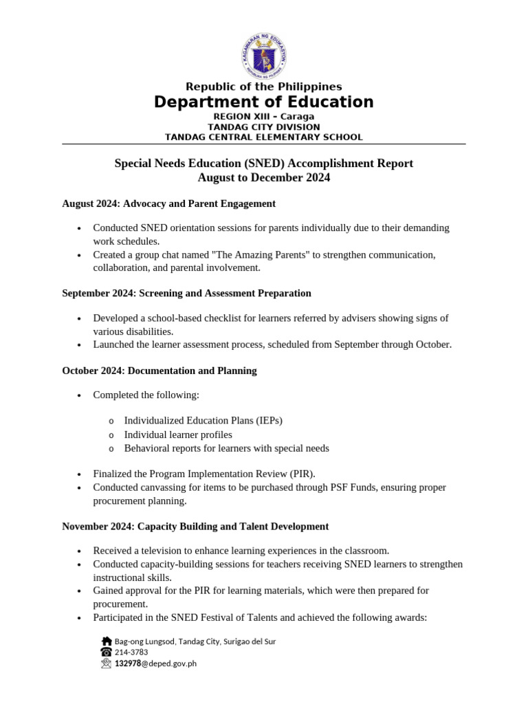 SNED Accomplishment Report 2024 | PDF | Individualized Education ...