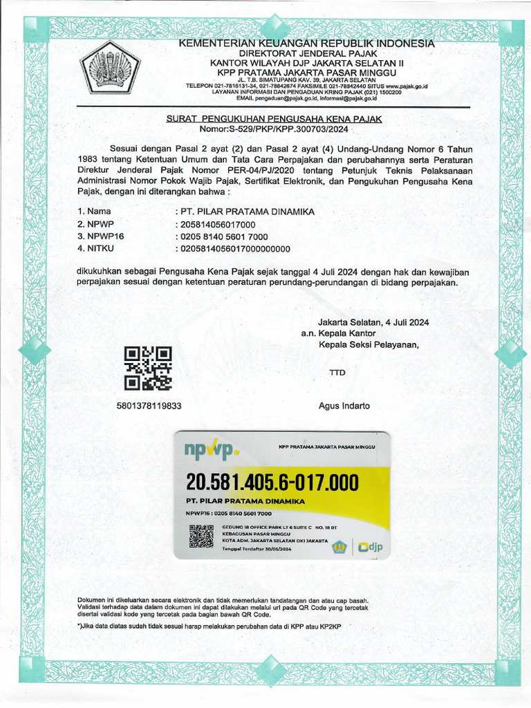 SPPKP - NPWP PT Pilar Pratama Dinamika - 250910 - 090644 | PDF