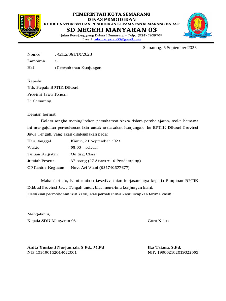 Permohonan Kunjungan SDN Manyaran 03 | PDF