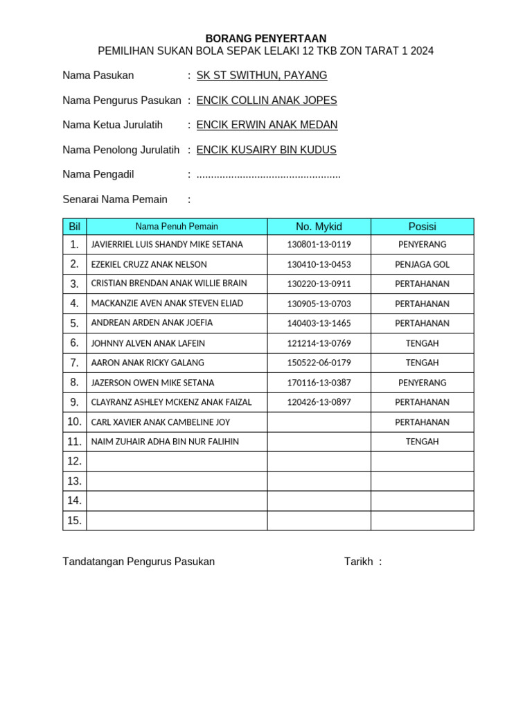 Borang Penyertaan Pemilihan Sukan Bola Sepak 12 TKB Zon Tarat 1 2024 | PDF