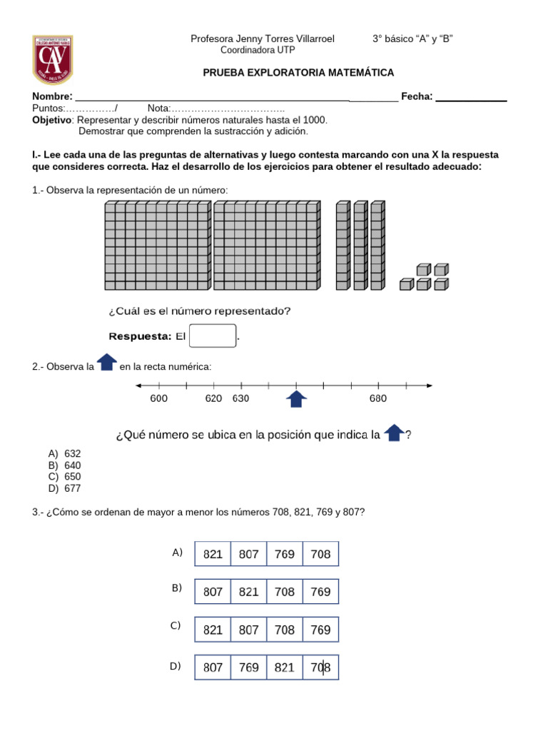 Prueba Matemática 3° Básico: Números y Operaciones | PDF | Notación ...