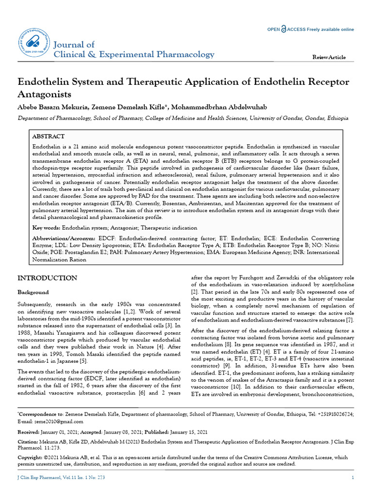 Endothelin System and Therapeutic Application of Endothelin Receptor ...