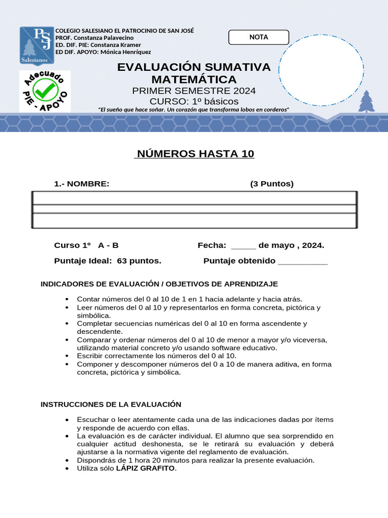 1° Básico - Evaluacion de Matematicas Numeros Hasta 10 | PDF ...