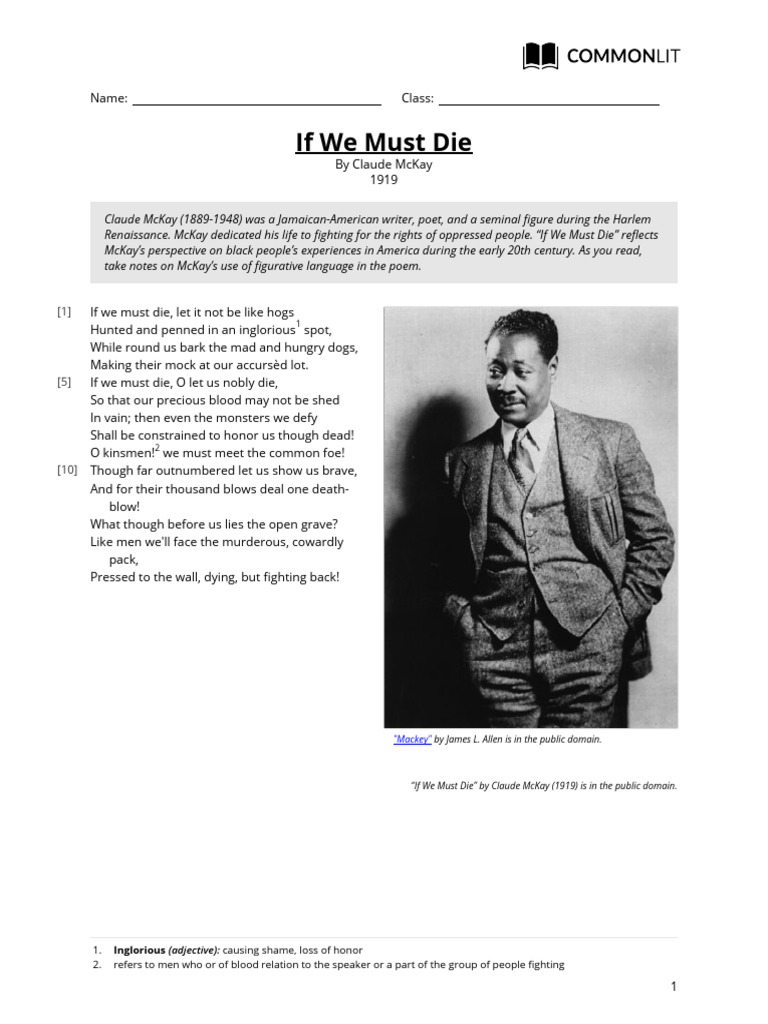 Claude McKay's "If We Must Die" Analysis | PDF