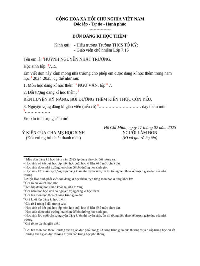 Mau 01 Don Dang Ky Hoc Them Mon Van | PDF