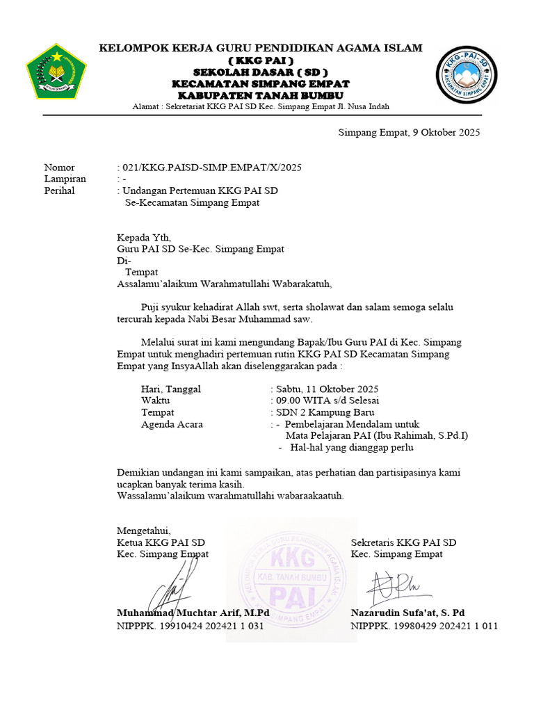 Undangan KKG Pai Oktober 2025 | PDF