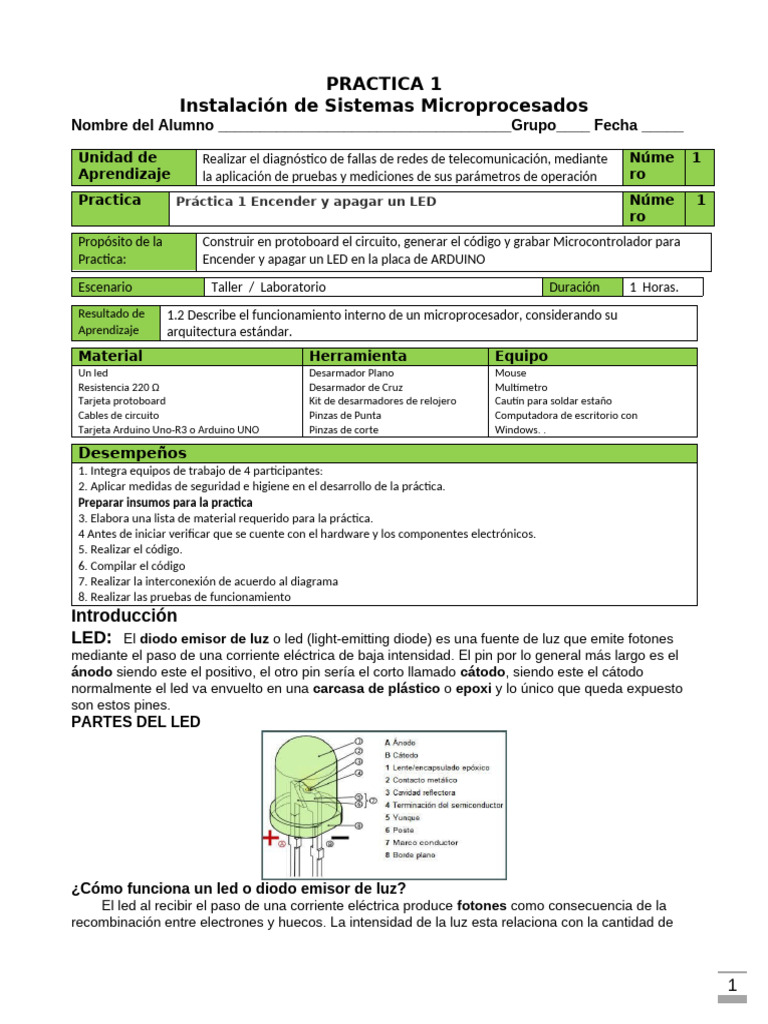 PRACTICA No. 1 Encender y Apagar Un LED | PDF | Diodo emisor de luz | Arduino
